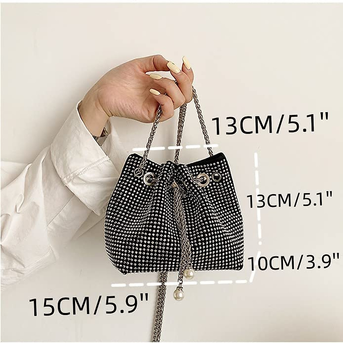 Anopo Full Rhinestones Bucket Clutch Purse Pearl Handbag Bridal Lady Sparkly Bling Evening Crossbody Bag Wedding Party Prom Silver