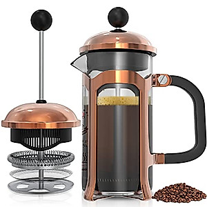 EAXCK French Press Coffee Maker, Stainless Steel Small French Press 12 oz Glass 4 Level Filtration System, Durable Heat Resistant Borosilicate Coffee Presser Single Cup