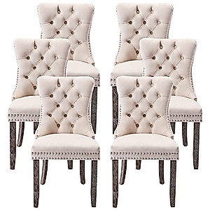 Kiztir Velvet Dining Chairs Set of 6, Upholstered Dining Room Chairs with Ring Pull Trim and Button Back, Luxury Tufted Dining Chairs for Living Room, Bedroom, Kitchen (Beige)