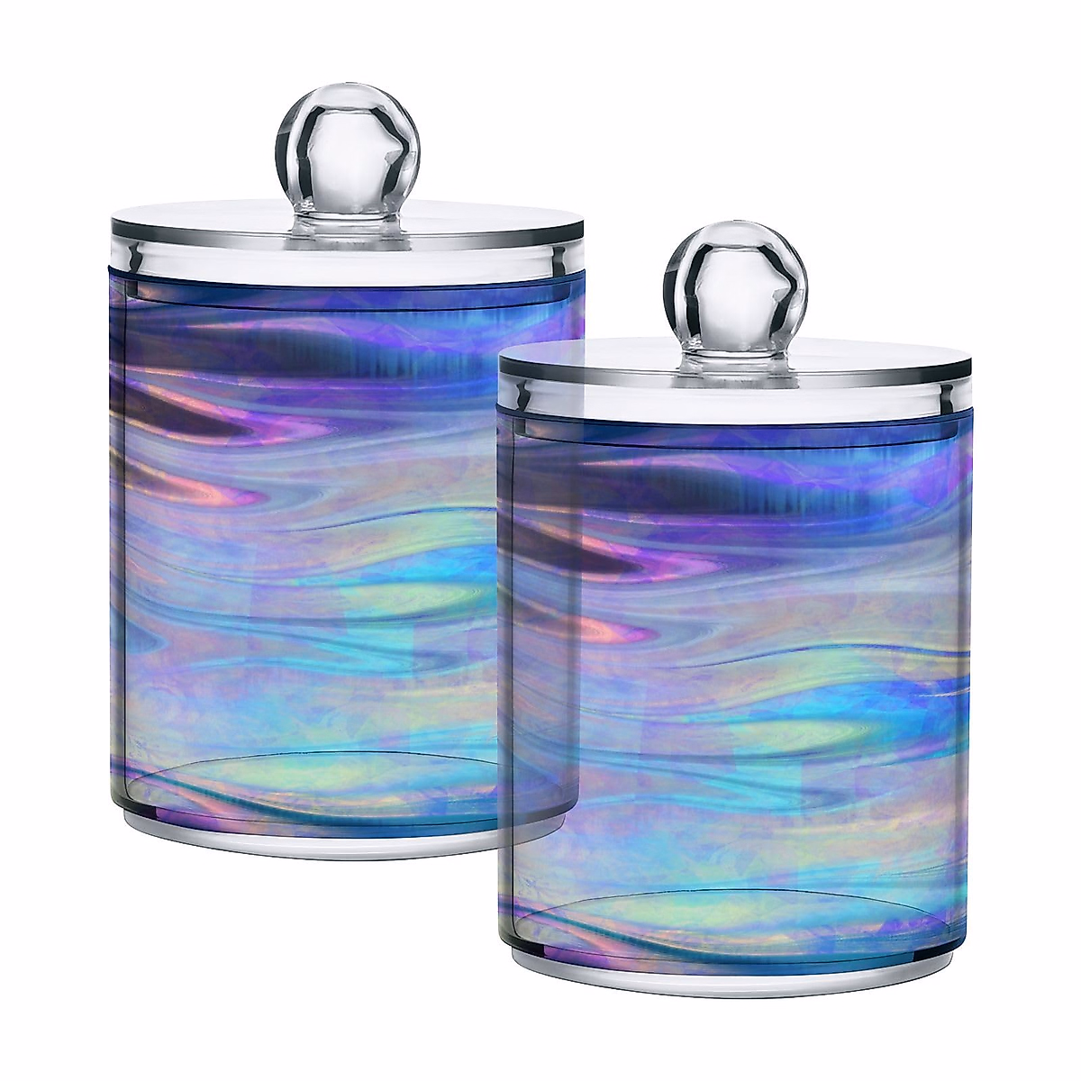 SDMKA 2 Pack Apothecary Jars Bathroom Iridescent Qtip Holder Dispenser Clear Plastic Storage Canister Jar with Lid for Cotton Ball, Cotton Swab