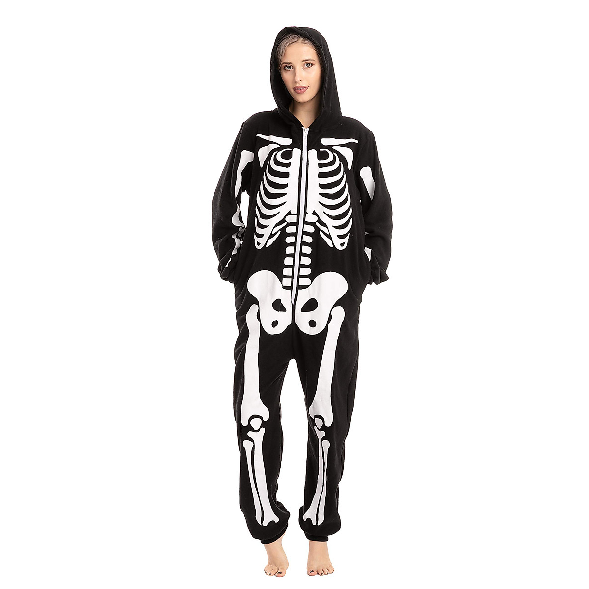 Spooktacular Creations Unisex Skeleton jumpsuit Pajama Plush Skeleton Jumpsuit Zippered Halloween Hoody Pajama for Adult Sleepwear Costume(Small) Black