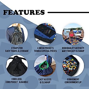 Lay-n-Go 4-in-1 Drawstring Toy Storage Organizer Mat - Durable Machine Washable Drawstring Bag for Lego & Other Toys - Easy-to-Clean Pull String Bag w/ 4 Mesh Pockets & Raised Lip (44”, Blue/Black)