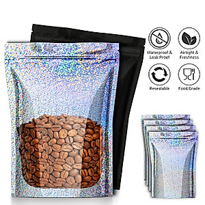 Resealable Black STANDUP Mylar Hologram Metallic Amazing Bags 5 * 8 inches. 100 Pk – Airtight, Waterproof, Zip Lock seal-Opaque Foil Pouch. Food Grade Bags Long shelf-life Storage (Large Black-Metal)