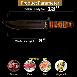 NoonKnives usmc Combat Fighter Knife with Leather Sheath - Stainless Steel Blade, Clip Point, Heat Treated Finish, Stacked Leather Handle, Your Camping and Survival Fixed Blade - Length 13
