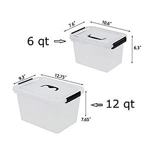 Yubine 2 Pack Clear Plastic Storage Box, Latching Bin with Lid and Handle (12 Quart &6 Quart)