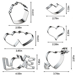 Wedding Heart Cookie Cutters, 6pcs Valentine's Day Cookie Biscuit Cutters Set with LOVE Cake Kiss Heart with Arrow Double Heart for Kitchen Lover Wedding Anniversary Engagement Themed Party Decoration