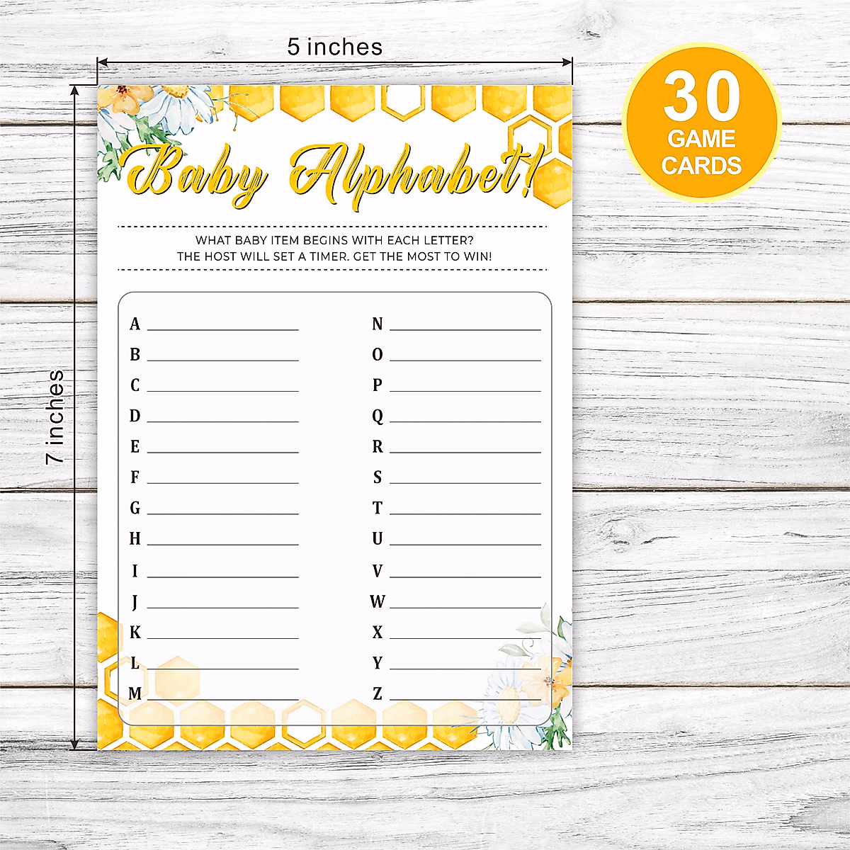 DYIRBIIY Honey Bee Themed Baby Shower Game Cards, Baby Alphabet Double Sided - 30 in Pack (5 X 7 inches)-（BABYYX-003）