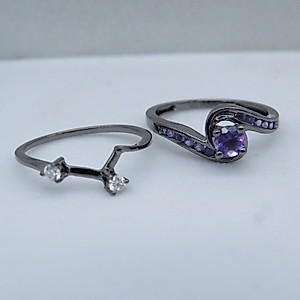 Dazzlingrock Collection Round Amethyst & White Diamond Swirl Bypass Wedding Ring Set for Women Black Plated in 10K White Gold, Size 8
