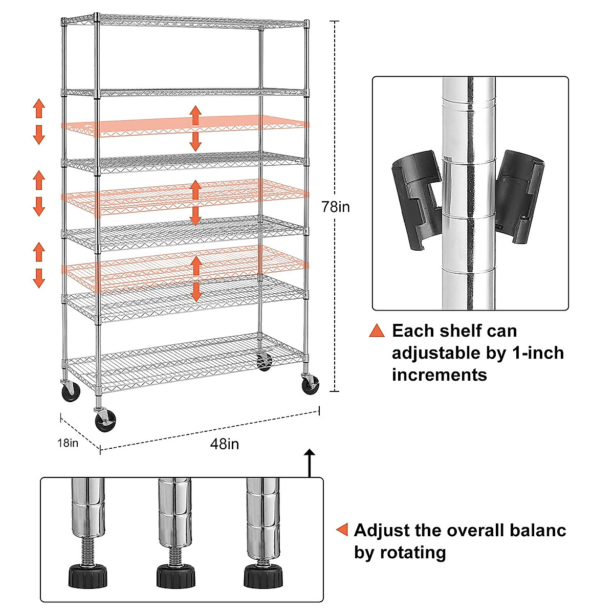 6-Tier Wire Shelving Unit 6000lb Capacity NSF Heavy Duty Steel Height Adjustable Storage Shelves with Wheels, 18" L x 48" W x 76" H Metal Shelf - Chrome