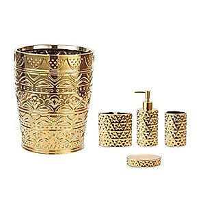RXLVCKY Golden Trash can and Bathroom Accessories Set,5-Piece Ceramic Gift Set, Include Luxury Bath Sets Lotion Dispenser,Toothbrush Holder, Bathroom Tumblers, Soap Dish, Trash Can