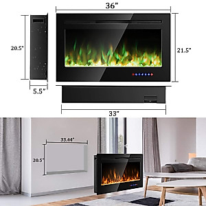 COSTWAY 36-Inch Electric Fireplace, 750W/1500W Wall Recessed and Mounted Fireplace Insert with Remote Control, 9 Flame Colors, 5 Brightness Settings, 8 H Timer, Fireplace Heater for Indoor Use