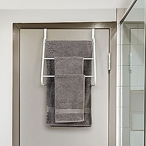MyGift Modern White Metal 3-Tiered Bars Over-The-Door Bath Towel Holder and Clothing Hanger, Space Saving Bathroom Storage Door Hanging Drying Rack