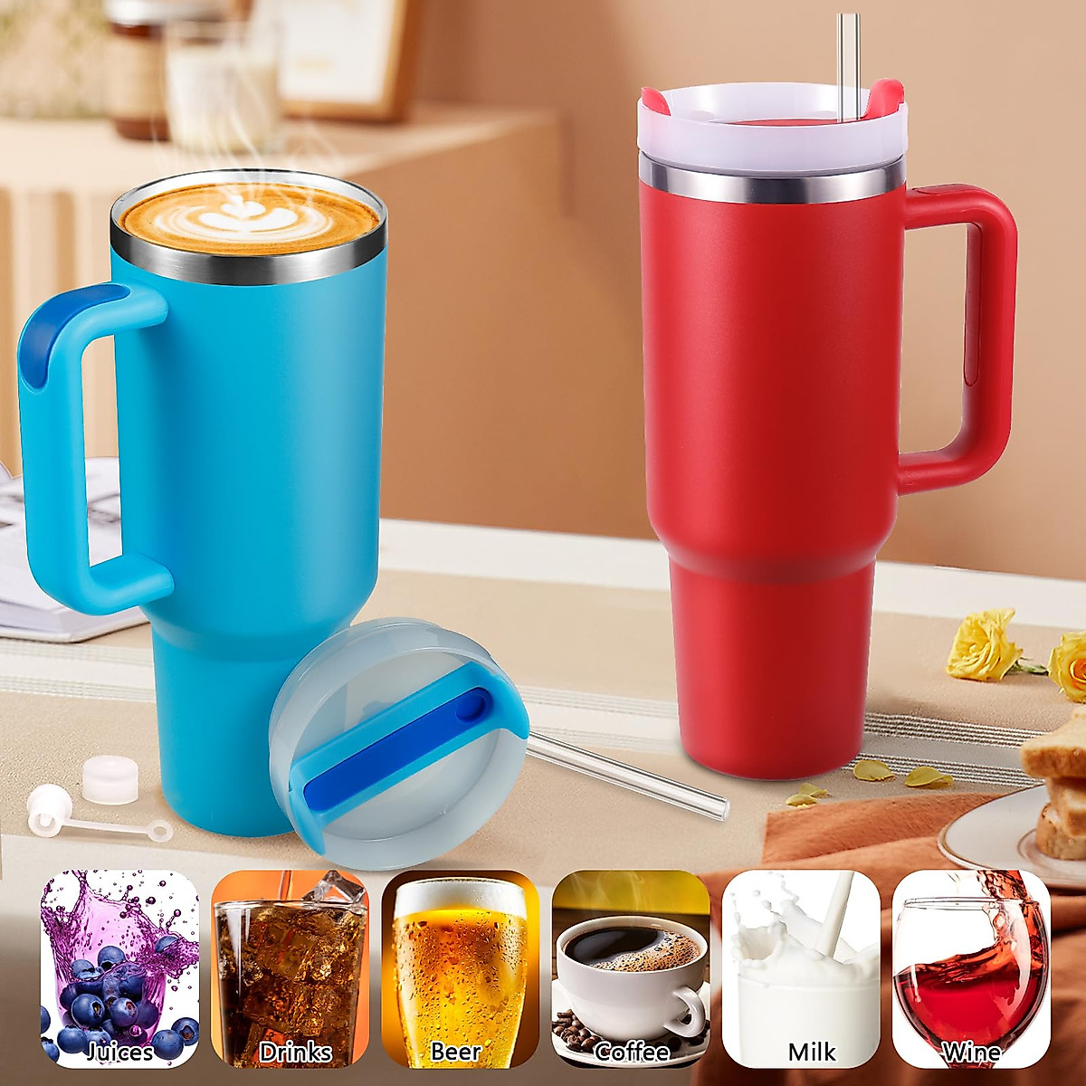 BELYQLY New Version 40oz Stainless Steel Vacuum Insulated Tumbler with Lid and Straw for Water, Smoothie and More, Iced Tea or Coffee (Pool Blue)