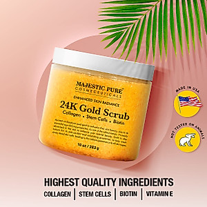 MAJESTIC PURE 24k Gold Scrub with Collagen and Biotin | Exfoliating Body Scrub for Skin Care, Stretch Marks, Acne, Cellulite | Body Scrub Exfoliator |10 oz