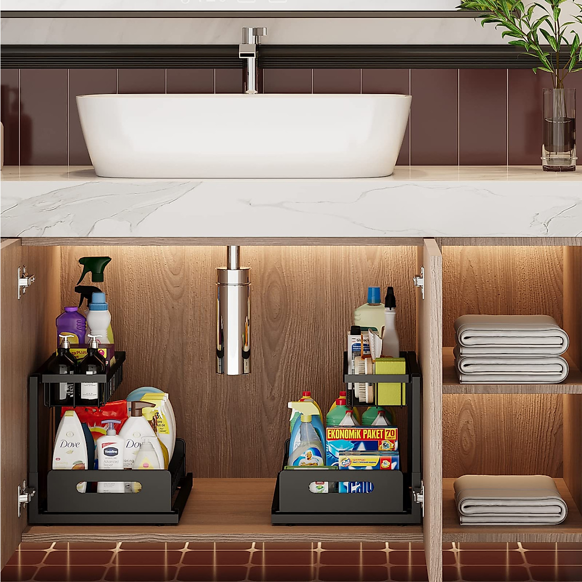 BARTHKIT Under Sink Organizer, 2 Tier Pull Out Under Sink Organizers and Storage, Sliding Kitchen Sink Organizer for Bathroom Kitchen Cabinet Pantry