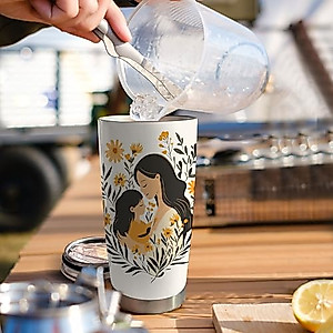 FOCIUZTA 20oz Adorable Floral Yellow Mother and Child Pattern Tumbler with lid, Travel Coffee Cup, Ideal for Easter, Mother Day, and birthday gifts