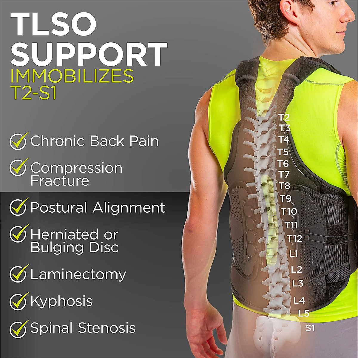 TLSO Thoracic Full Back Brace - Treat Kyphosis, Osteoporosis, Compression Fractures, Upper Spine Injuries, and Pre or Post Surgery with This Hard Lumbar Support for Men and Women (Medium)