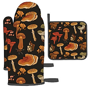 Mushroom Oven Mitts and Pot Holders Sets, Funny Kitchen Heat Resistant of 500 Degrees, Pure Cotton Hot Pads and Oven Mitts Sets for Baking,Cooking,BBQ Grilling(3Pcs Set)…