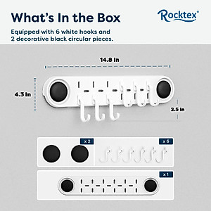 Rocktex No-Drill Hooks - White Self Adhesive Wall Hanging Hooks, Heavy Duty 4.4 lbs, Easy Installation, Versatile Vertical or Horizontal Options with 6 Adjustable Hooks for Wall, Bathroom, Kitchen