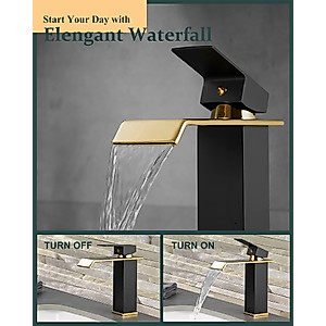 KUZOR Waterfall Bathroom Faucets 1 Hole Single Handle, Matte Black & Shiny Gold Bathroom Sink Faucet with Metal Pop Up Drain, Modern Square Faucet for Bathroom Sink Single Hole