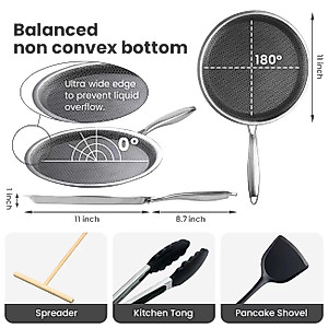 Non stick Crepe Pan 11 inch whit spreader, Coating Flat Skillet Pancake Pan, Stainless Steel Hybrid Honeycom Crepe Pan for Pizza Tawa Dosa Tortilla Griddle Pan, PFOA Free, Stay-cool Handle All Stov