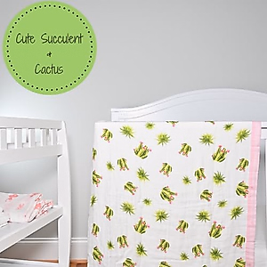 LollyBanks Muslin Quilt Blanket, Large 47 x 47 Inches Versatile Crib Blanket for Baby Girls, 6 Layers Newborn Blanket, Soft Blend 70% Viscose Made from Bamboo + 30% Cotton, Registry (Cactus Print)