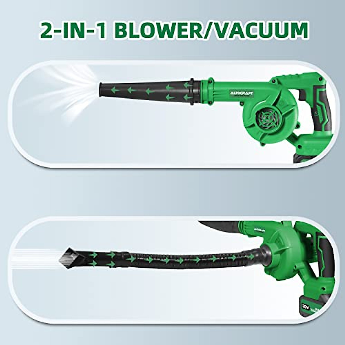 ALTOCRAFT 2-in-1 Jobsite Cordless Blower & Vacuum,20V Max Lightweight Handheld Small Dry Leaf Sawdust Blower Cleaner with 3.0Ah Battery and Charger,110MPH for Workshop Car Dust Blowing and Vacuuming