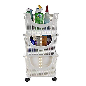 Mind Reader 3-Tier Stackable Containers Rolling Plastic Bins, Storage Baskets, Ivory