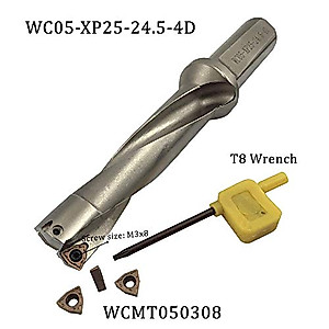 GBJ WC Series Drill Bites Insert Drill Metal Drill Bits Diameter 24.5mm/0.96in Depth 4in 4D Indexable U Drill Machinery Lathes CNC Water Drill with 10pcs WCMT050308FN（Bronze） U Drill Inserts