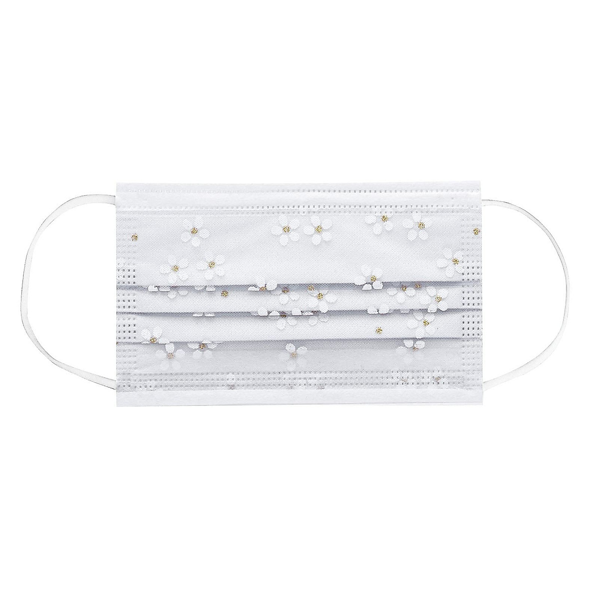 Hozxclle 50 Pcs Net Yarn Flowers Disposable Face_Masks Four-Layer Face Protection for Women, Beautiful Elegant Lace Floral Print Breathable Anti-dust Covering with Elastic Earloop & Nose Clip, White