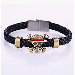 Anime One Piec Bracelet for Fans, Luffy Skeleton Straw Hat Pirate Braided Wristband Cosplay Prop Accessories for Men Women Friends