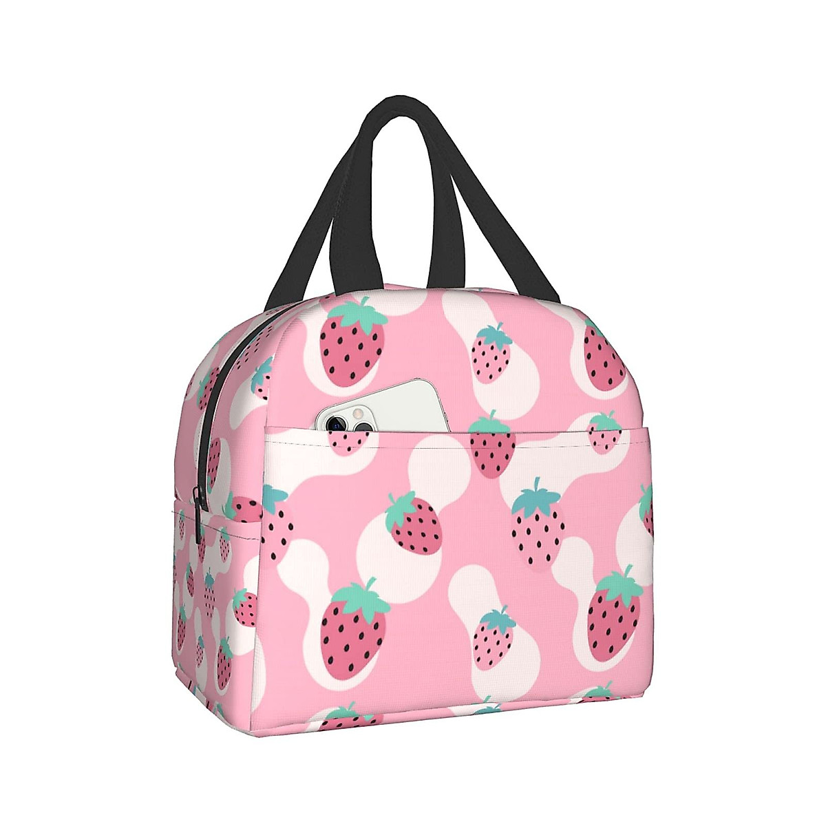 Insulated Lunch Bag Reusable Lunch Box, Cooler Lunch Tote Bag With Front Pocket for Women Men Picnic Office Work, Simple Strawberry Print