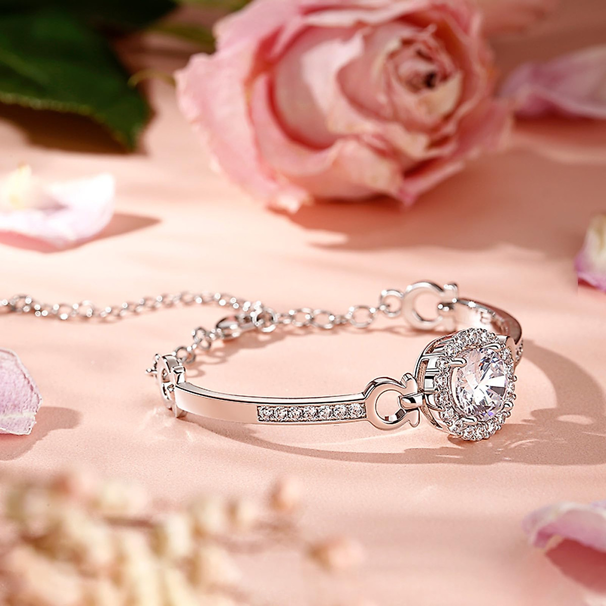 Jeulia Classic Halo Design Stainless Steel Adjustable Bracelet for Women Gemstone Bracelet Summer Wedding Jewelry Gift for Brides Brademaids Girls