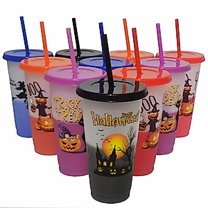 10 Pack Halloween Decorations Halloween Color Changing Cups with Lids and Straws, 24 oz Plastic Cups, 710ml Plastic Tumblers Bulk, Reusable Trick or Treat Candy Cups for Halloween Christmas Party