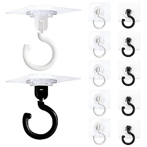 12Pcs Adhesive Ceiling Hooks Heavy Duty No Drill 360° Rotating, Swivel Utility Strong Self Sticker Wall Hook Sticky Under Cabinet for Hanging Purse Bag Small Plant Hanger, 3Inch Waterproof, BlackWhite