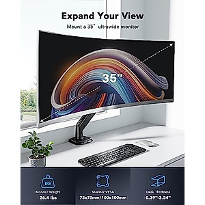 HUANUO Gas Spring Single Monitor Stand, Ultrawide Vesa Mount with Clamp and Grommet Base for 13 to 35 LCD Computer Screen, Upgraded Desk Arm with USB, Holds 4.4 to 26.4 lbs