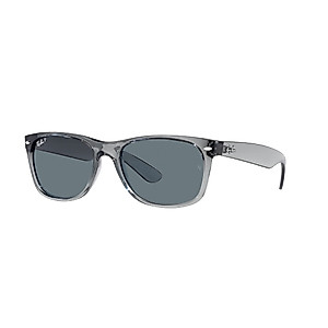Ray-Ban RB2132 New Wayfarer Square Sunglasses, Transparent Grey/Dark Blue Polarized, 58 mm