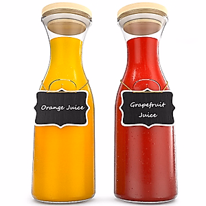 2 Pack Glass Water Carafe Pitchers with Lid and Tag, 1 Liter Iced Tea Beverage Pitcher Set, Milk Juice Container for Refrigerator, Glass Juice Pitcher for Lemonade Drink Brunch Decor Mimosa Bar Party