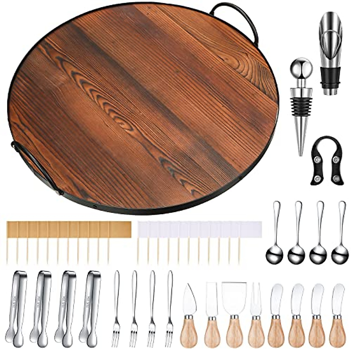 Yetene Charcuterie Board Accessories Round Wooden Tray 20" with Handles Wine Accessory Sets Cheese Spreader Knife Butter Knife Set Mini Serving Tongs Spoons Forks for Party Wedding Christmas