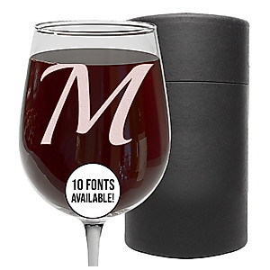 Spotted Dog Company Personalized Etched 16oz Stemmed Wine Glass Cup, Red Wine Gifts for Women Her Mom, Drinking Glasses, Birthday Decorations Decor - Pick Your Letter