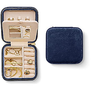 Plush Velvet Travel Jewelry Box Organizer | Travel Jewelry Case, Jewelry Travel Organizer | Small Jewelry Box for Women, Jewelry Travel Case | Earring Organizer with Mirror - Navy Blue