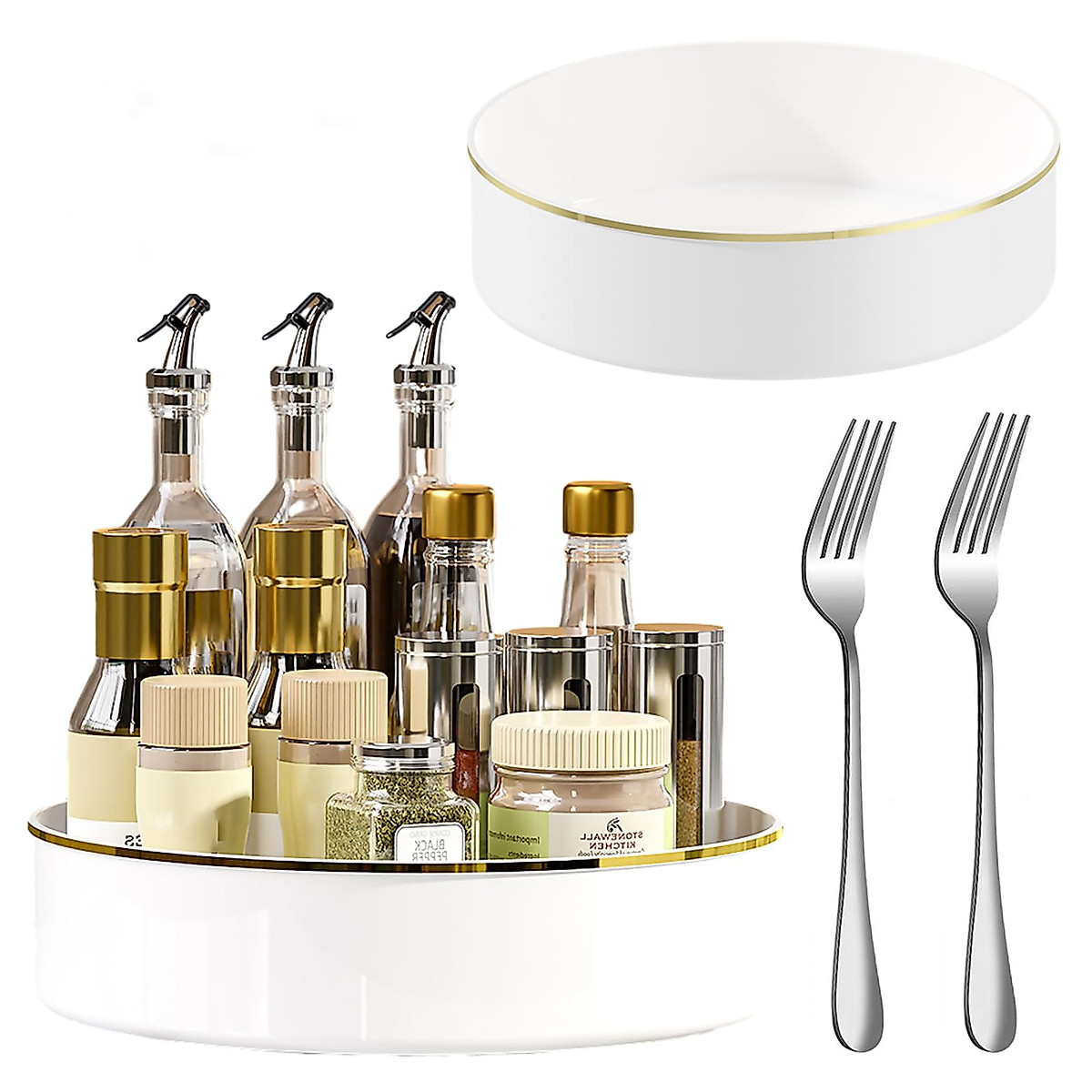 Lazy Susan Turntable Organizer for Cabinet- Spice Rack, Makeup Perfume Organizer Plastic Non-Slip Rotating Containers for Kitchen, Office, Bathroom-9"+12" Lazy Susan Organizers (White-2Pack)