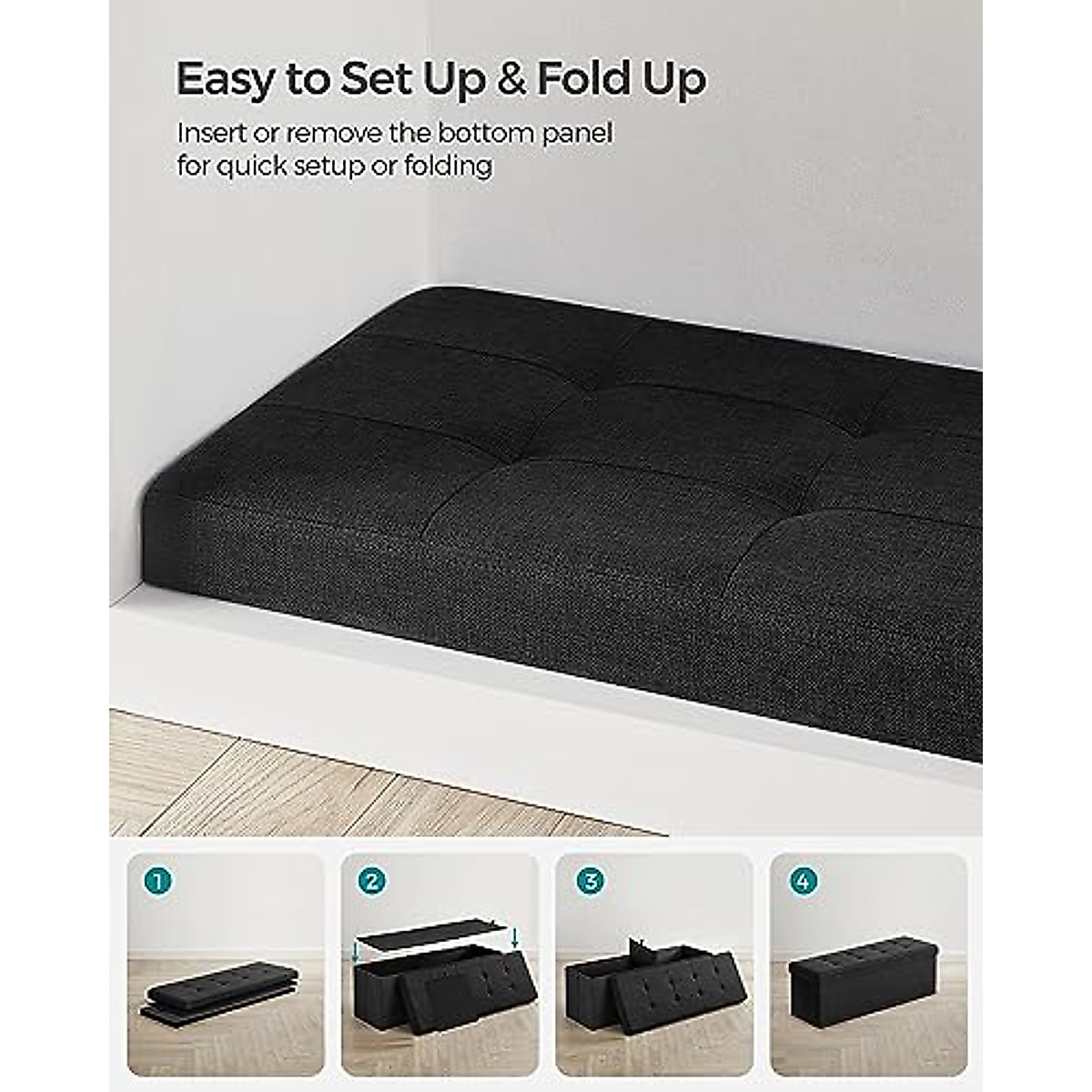 SONGMICS 43 Inches Folding Storage Ottoman Bench, Storage Chest, Foot Rest Stool, Bedroom Bench with Storage, Black ULSF077B01