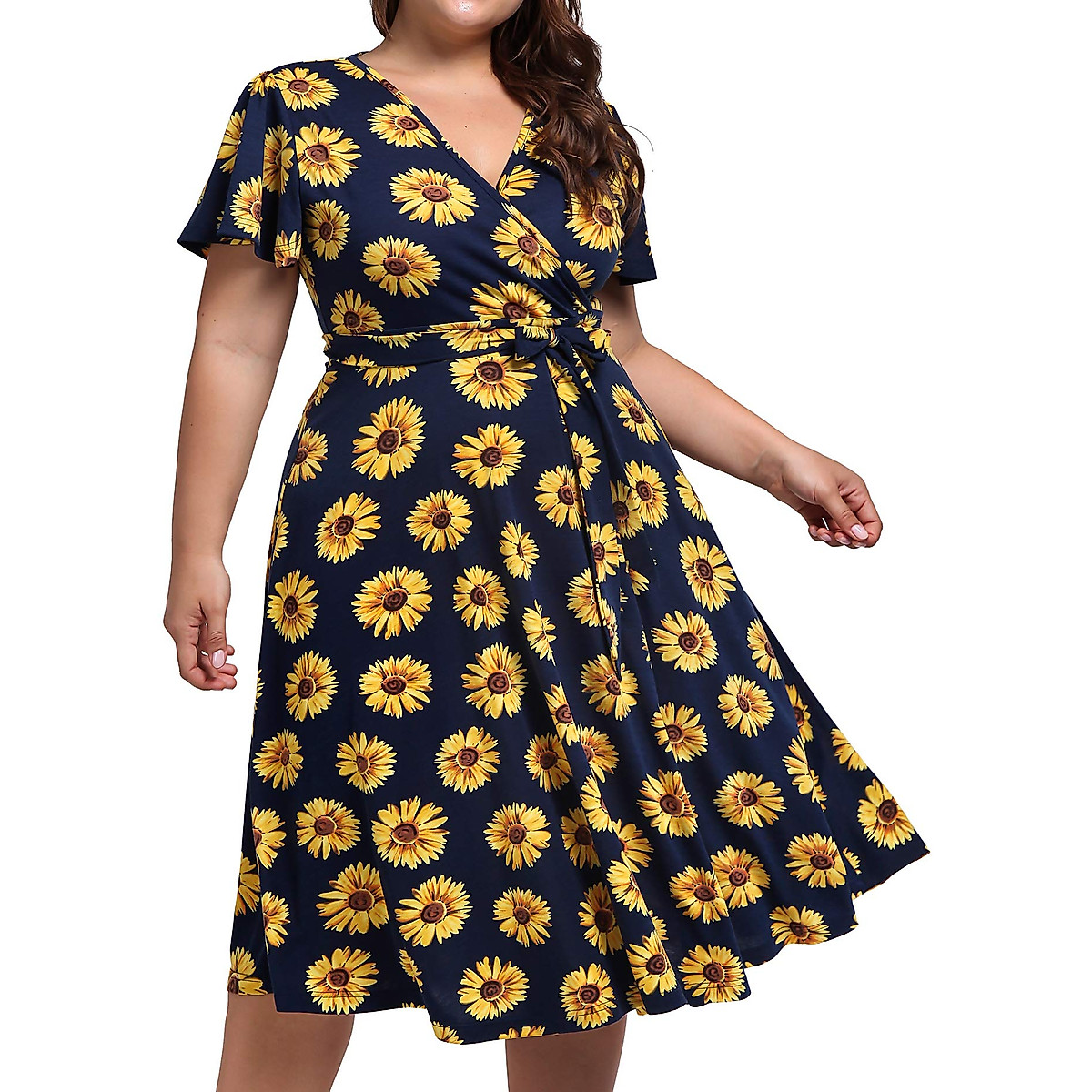 kissmay Plus Size Midi Dress,Floral Casual Dresses with Pockets Spring&Summer Dress for Women 70s Plus Mid-Length Dress for Cocktail Party A Line Swing Dresses with Belted V Neck Blue Yellow 24 PlusL