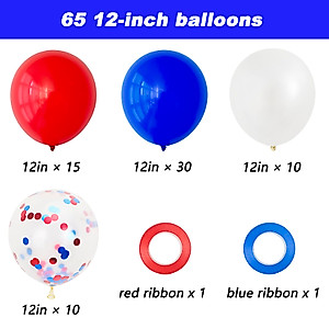 RUBFAC 65pcs Red White and Blue Balloons 4th of July Patriotic Balloons Arch Garland Kit, 12 Inches Confetti Balloons for Independence Day Nautical Baseball Birthday Party Decorations