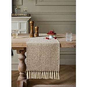 ZeeMart Beige Table Runners 90 Inches Long, Burlap Linen Style Rustic Farmhouse Table Runner, Long Boho Dining Table Runner, 13x90 Inches, Oatmeal Beige