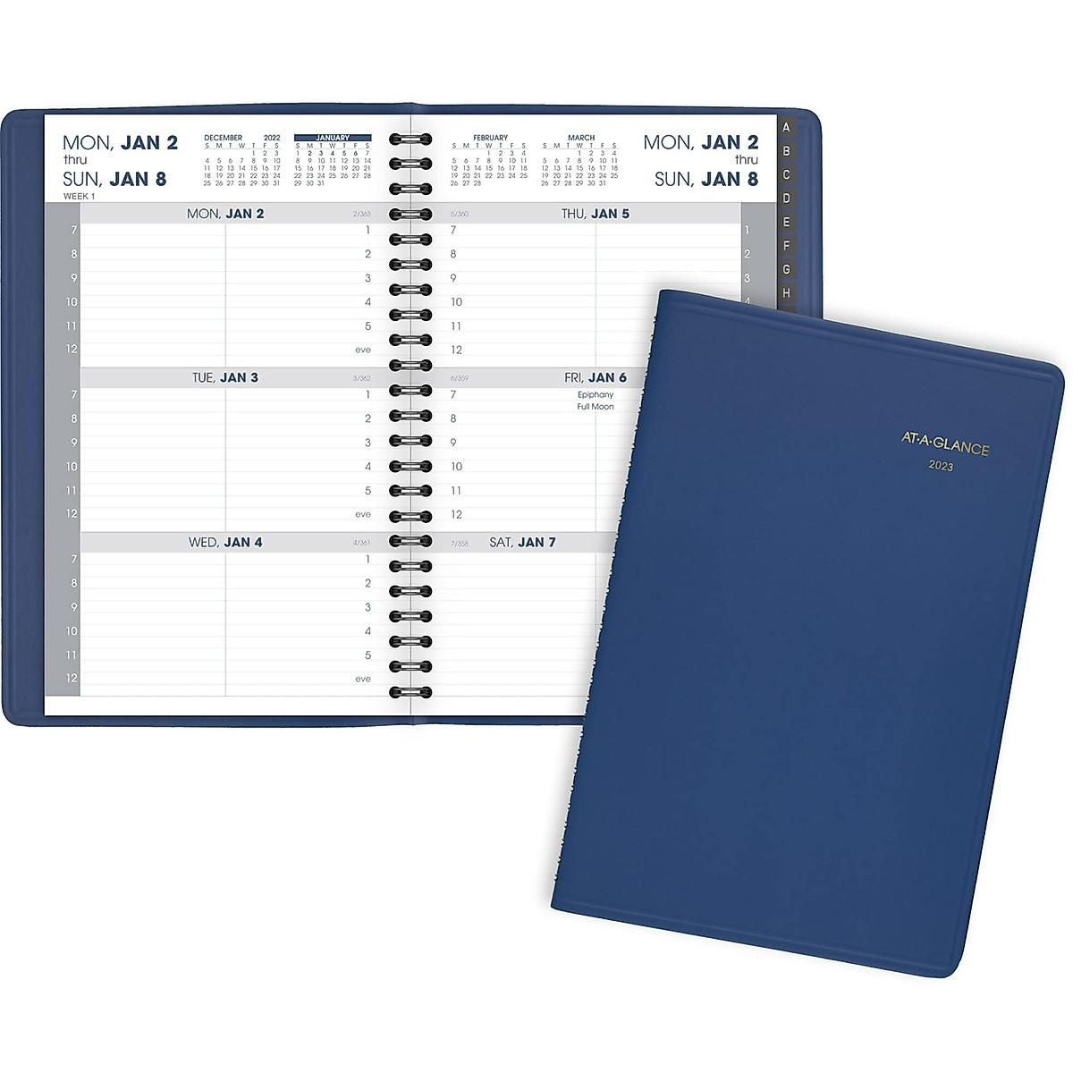 AT-A-GLANCE 2023 Weekly Planner, Hourly Appointment Book, 5" x 8", Small, Telephone/Address Pages, Fashion, Blue (7010820)