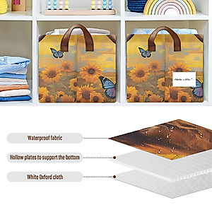 PDZRMY Open Storage Bin Blue Butterfly Highland Cow Large Foldable Storage Box Storage Basket Organizer Bins with Leather Handles for Shelf Closet Bedroom Living Room Office Home 1 Pack