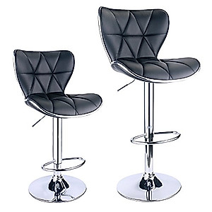 Leopard Shell Back Adjustable Swivel Bar Stools, PU Leather Padded with Back, Set of 2 ( Black )
