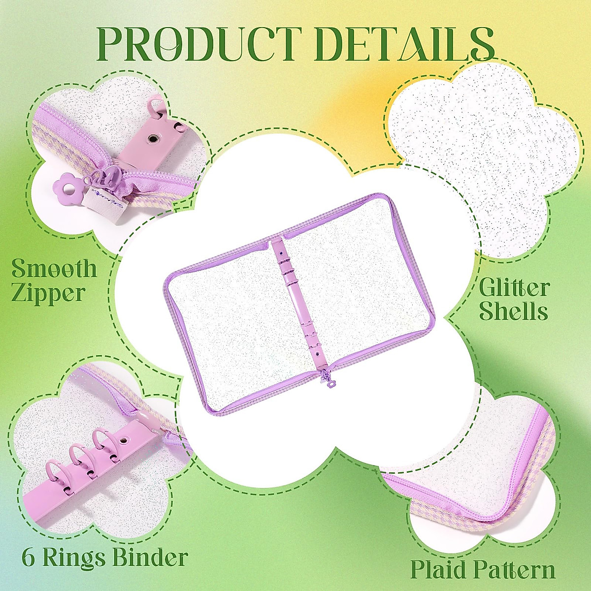 NEWEST A5 Notebook Binder Cover with Zipper, Plaid Pattern 6 Ring Refillable Planner Binder Shell, Clear Glitter PVC Loose Leaf Binder Wallet for Journal Album Diary Budget Folder DIY Cover, Purple